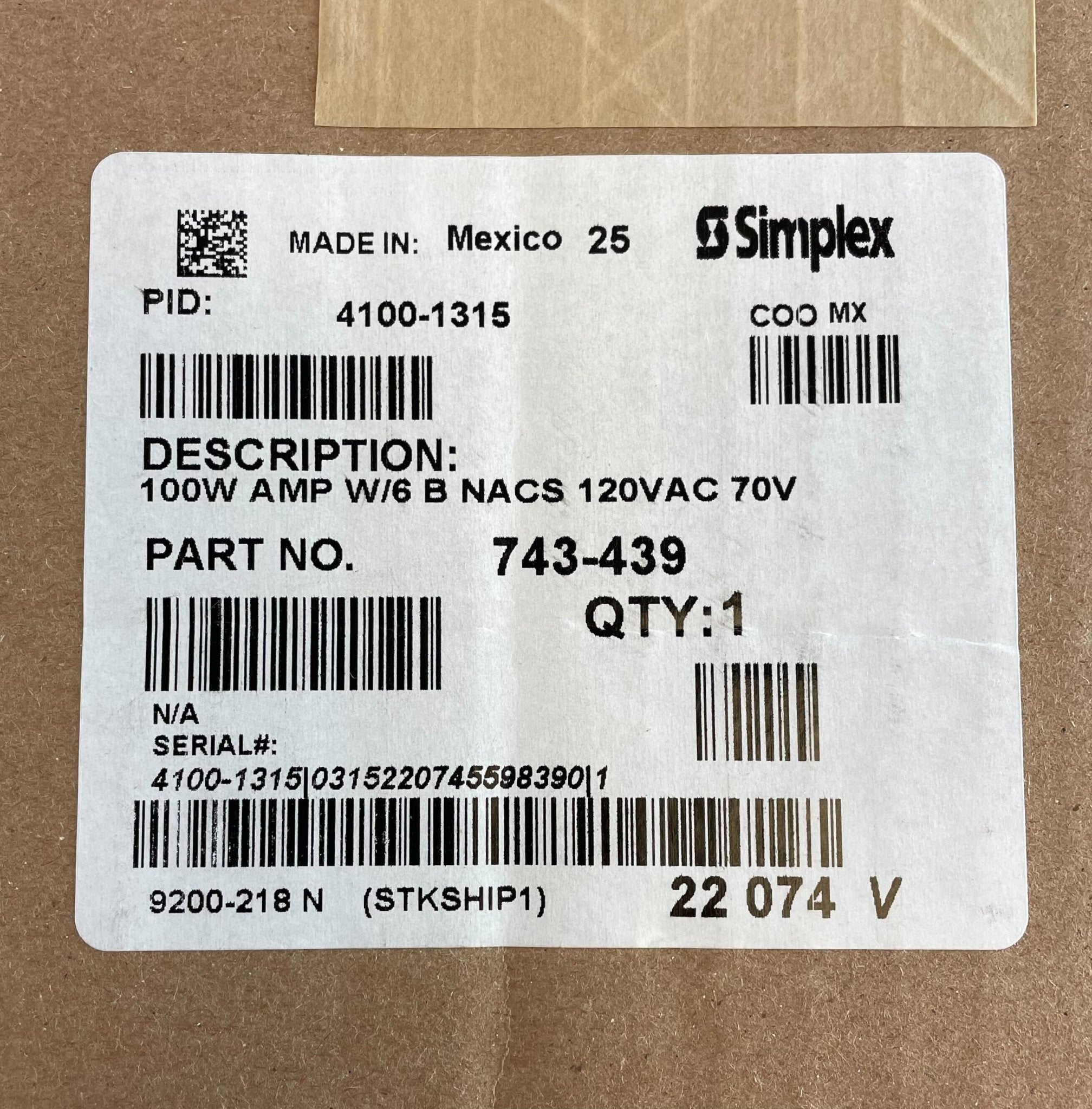Simplex 4100-1315 Primary Amplifier
